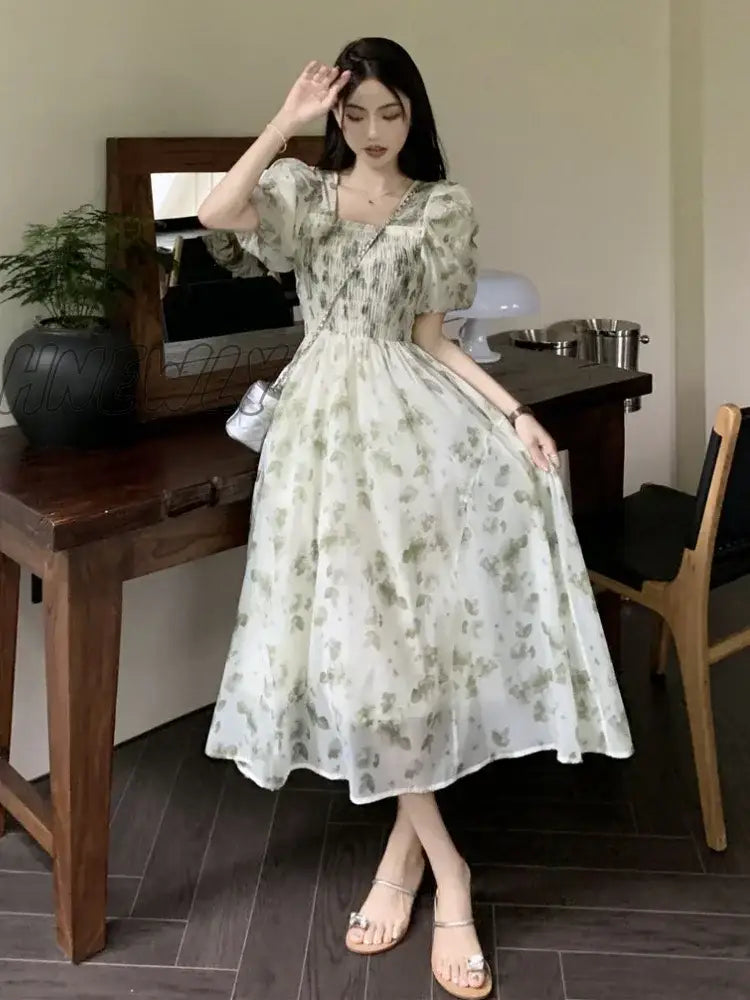 Hnewly Korean Style Mixi Cottagecore Dress Women Fairycore Floral Prom ...
